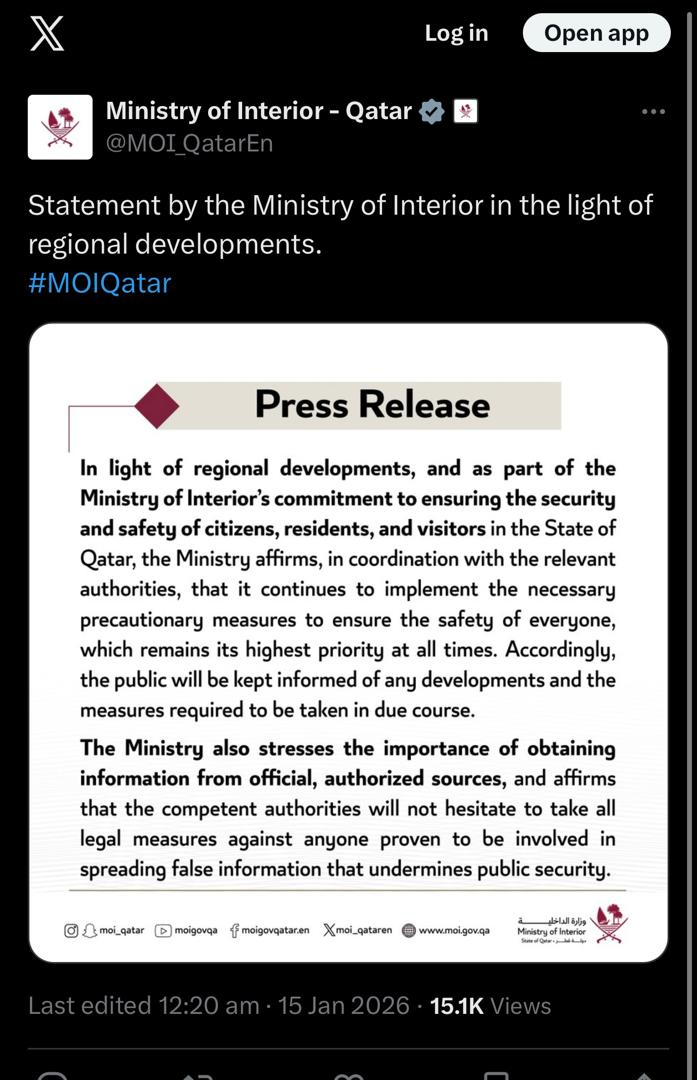 Qatar Ministry of Interior Issues Statement on Regional Tensions